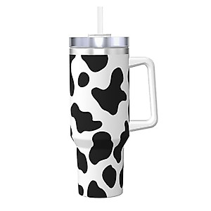 deaokluy 40 OZ Cowhide Print Ice Bully Cup with Handle Straw Lid, Double Wall Stainless Steel Tumbler Travel Coffee Cup, Black and White Insulation and Cooling Cup for Christmas Birthday Present
