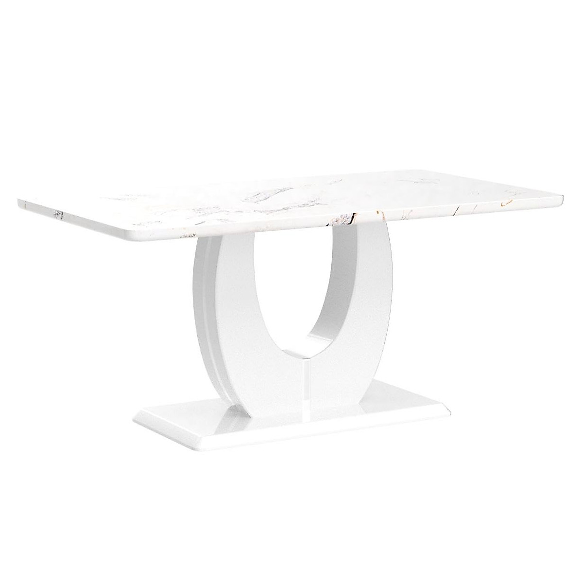 Goujxcy Modern White Marble Dining Table for 4 6 8, Kitchen Dining Room Table with White Marble Tabletop and Large U-Shape Pedestal Base Dinner Table for Dining Room (White9)