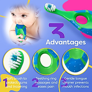 Trueocity Baby Toddler Toothbrush 4 Pack, Soft Bristles, Teething Finger Handle Toothbrushes for 0-2 Years - Training First Set (Blue, Green, Orange) - BPA Free