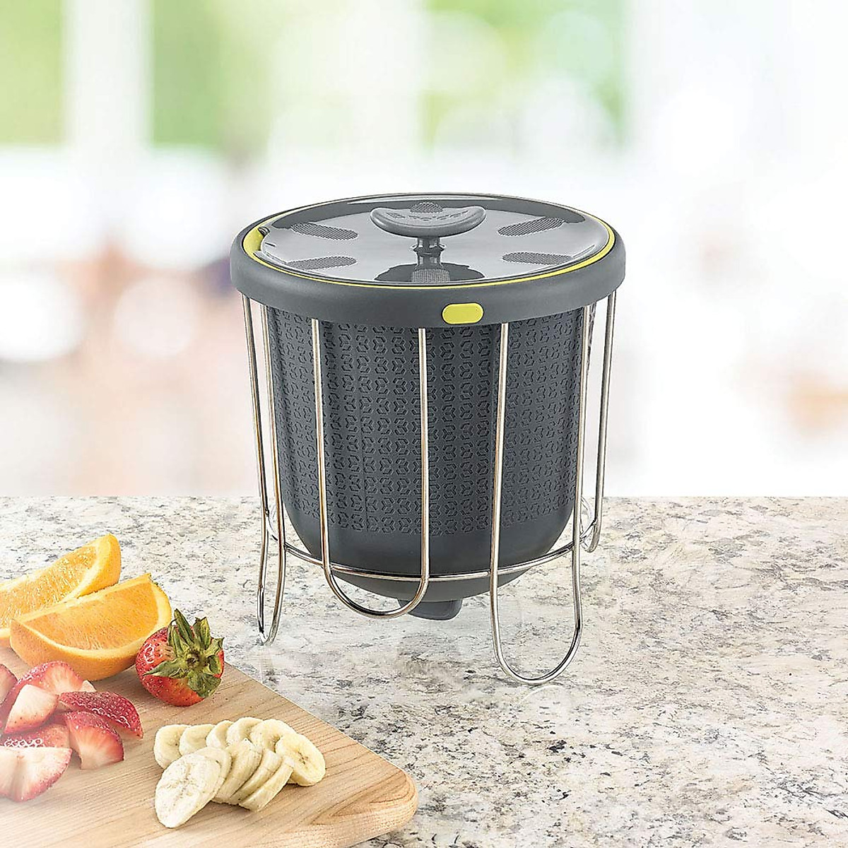 Polder Kitchen Composter-Flexible silicone bucket inverts for emptying and cleaning - no need to touch contents- adjustable lid for ventilation & airflow control, Gray / Green