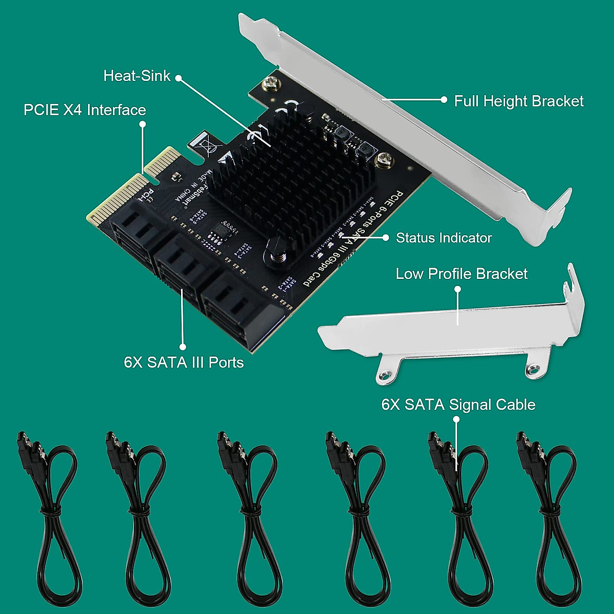 FebSmart PCIE to 6-Ports 6Gbps Max Speed SATA III Expansion Card for Desktop PCs, Plug and Play on Windows OS MAC OS Linux System, ASMedia ASM1166 None-Raid PCIE SATA III Host Controller (FS-S6-Pro)
