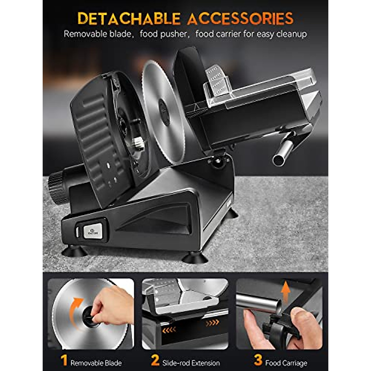 MIDONE Meat Slicer 200W Electric Deli Food Slicer with Two Removable 7.5’’ Stainless Steel Blade, Adjustable Thickness for Home Use, Child Lock Protection, Black