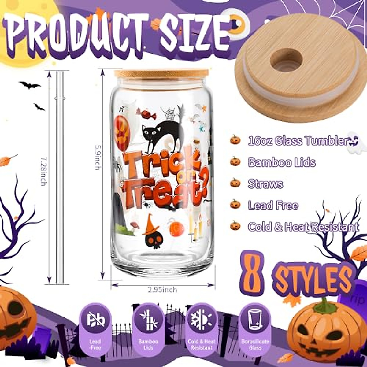 pengtai Halloween Gifts Cups,Halloween Glass Tumbler,16oz Halloween Iced Coffee Cups With Lids and Straw,Can Shaped Glassware Halloween Party Favors Pumpkin Ghost Cups Gift Set of 8