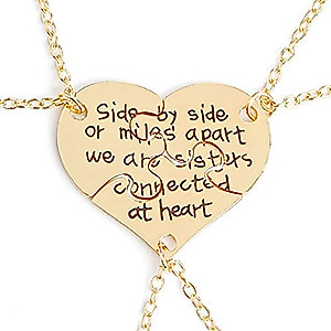 3 Pcs Best Friends Forever Engraved Necklace Broken Heart Charm Pendant Set BFF Friendship Necklace (Gold - " We are sisters connected at heart ")