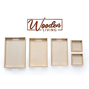 Wooden Living - Serving Tray/Wooden Trays with Handles and Small Wood Boxes Set (Unfinished) | for Montessori Activity, Art/Crafts, Painting, Restaurant Food, Decorative, Coffee Table | 5 Pieces