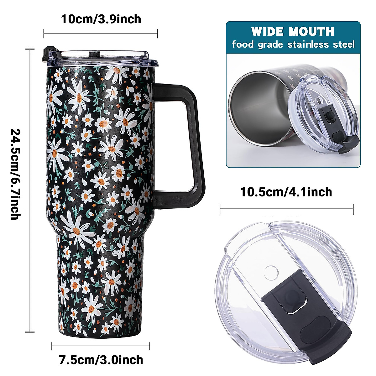 Daisy Gifts for Women – 40oz Insulated Tumbler with Handle & Straw, Floral Stainless Steel Cup, Birthday & Mother’s Day Gift for Mom, Sister, Best Friend, Teacher, Nurse