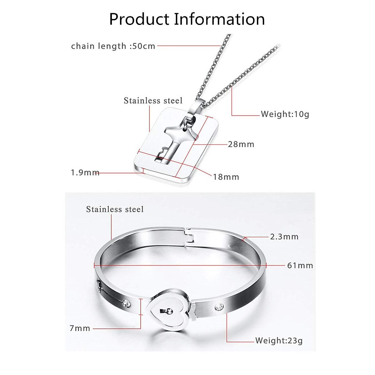 MYNENEY His Hers Love Heart Key Lock Bangle Bracelet Tag Pendat Necklace Set in a Gift Box (Silver 6.5In)