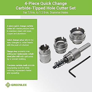 Greenlee 655 4-Piece Quick Change Carbide-Tipped Hole Cutter Set, 7/8" - 1-3/8"