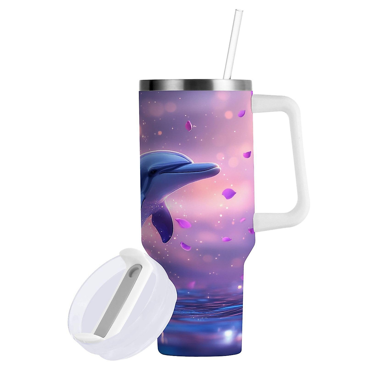 Slewiaeky Skinny Rose Flower 40 oz Tumbler with Handle Straw and Lid Dolphin Stainless Steel Vacuum Insulated Reusable Water Bottle Glasses Travel Mug Thermal Cup for Home Office Car