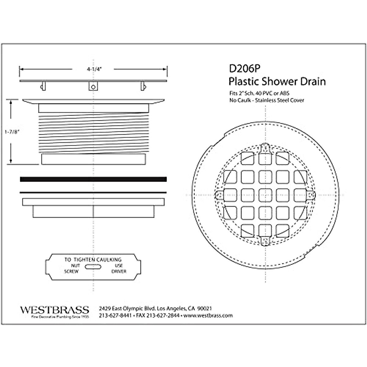 Westbrass D206P-62 4-1/2" OD Shower Drain Assembly and Grid Strainer Cover fits both Sch. 40 PVC & ABS Pipes, Matte Black