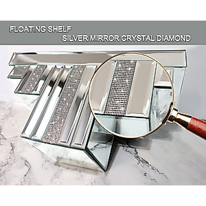 Mirrored Floating Wall Shelf, Silver Mirror Crushed Diamond Decorative Wall Shelf for Home Decoration Crystal Diamond Wall Art Décor Accent Piece Showcase, 14.3" L×5.5" W×7.6" H
