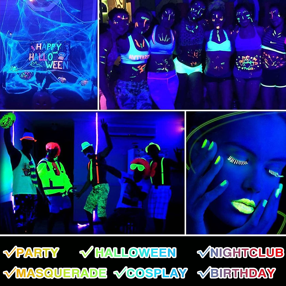 Fusang Glow in the Dark Face Body Paint,Washable Neon Face Body Paint,Black Light Face Makeup for Party Halloween Christmas Cosplay Masquerade Etc 0.48oz Set of 6 Tubes(6 colors)