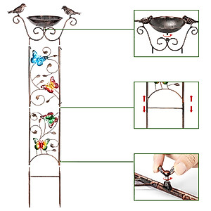 Desgully Bird Bath with Garden Trellis for Climbing Plants Outdoor, with Decorative Butterflies Free Standing Detachable Bird Feeder Bowl Bird Baths for Outdoors Antique Iron