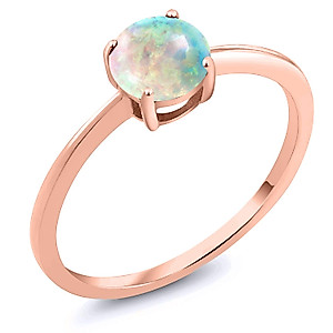 Gem Stone King 10K Rose Gold White Simulated Opal Solitaire Engagement Ring For Women (1.00 Cttw, Round Cabochon 6MM, Gemstone October Birthstone, Size 9)