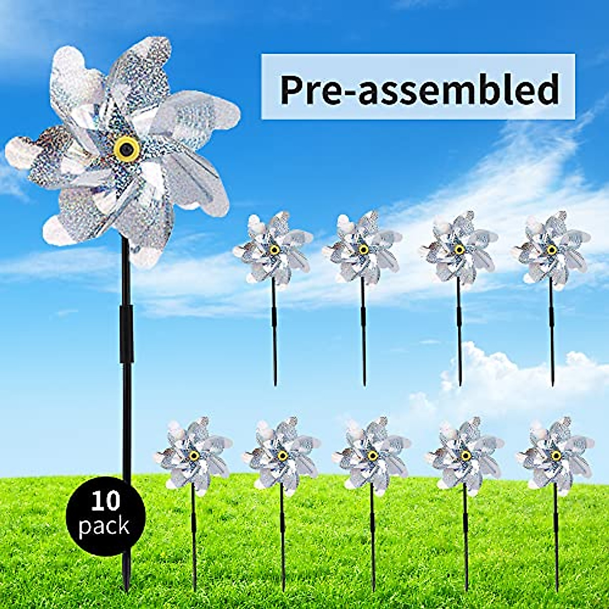 BATTIFE 10 Pack Reflective Pinwheels for Yard and Garden, Pre-Installed Bird Blinder Sparkly Pin Wheel, Scare Birds & Animal Away Wind Spinner (Sliver)