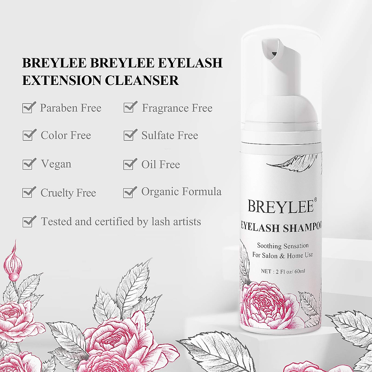 BREYLEE Shampoo for Lash Extensions, 60ml+Rinse Bottle+Brushes, Eyelash Extension Cleanser, Lash Wash Bath, Lash Cleaner, Paraben & Sulfate Free for Salon and Home Use