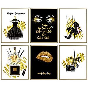Paris Decor For Bedroom Vanity Decor Poster Black Girl Wall Art Fashion Wall Art Black Gold Set Of 6 Pink Bedroom Wall Decor For Women Teen Girls Room DéCor Preppy Wall Decor (8" X10" Unframed)