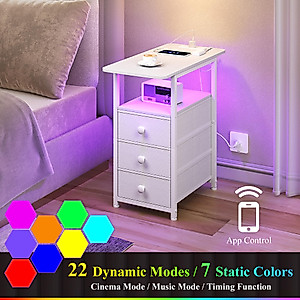 DALEMHOME End Table with Charging Station, Narrow Side Table with 3 Fabric Drawers, Skinny Nightstand with LED Light for Small Spaces, Bedroom, Living Room, White HKET1303WT