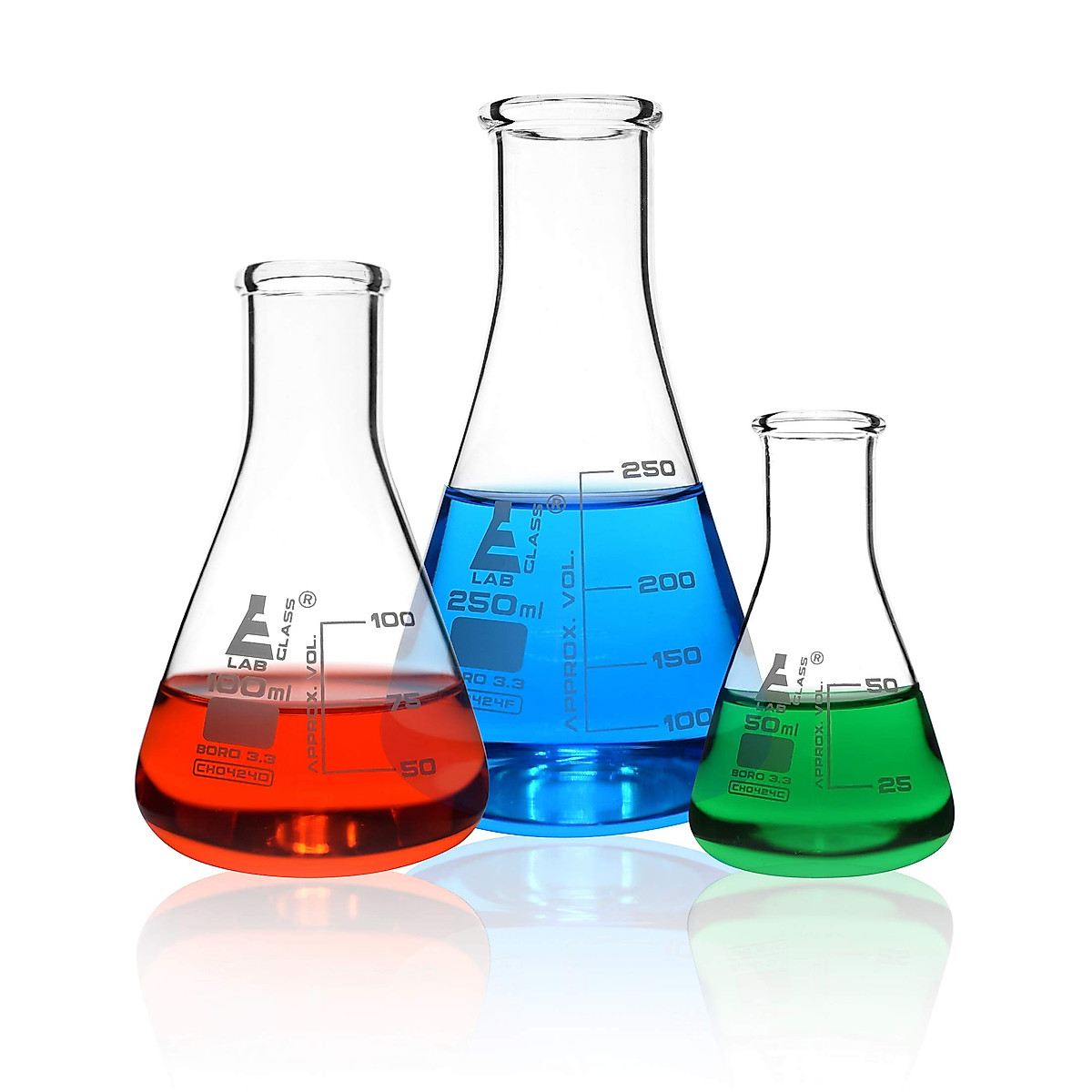 EISCO Premium Erlenmeyer Flask Set - 50ml, 100ml & 250ml Narrow Neck, White Graduations Superior Durability Chemical Resistance Borosilicate 3.3 Glass- Eisco Labs