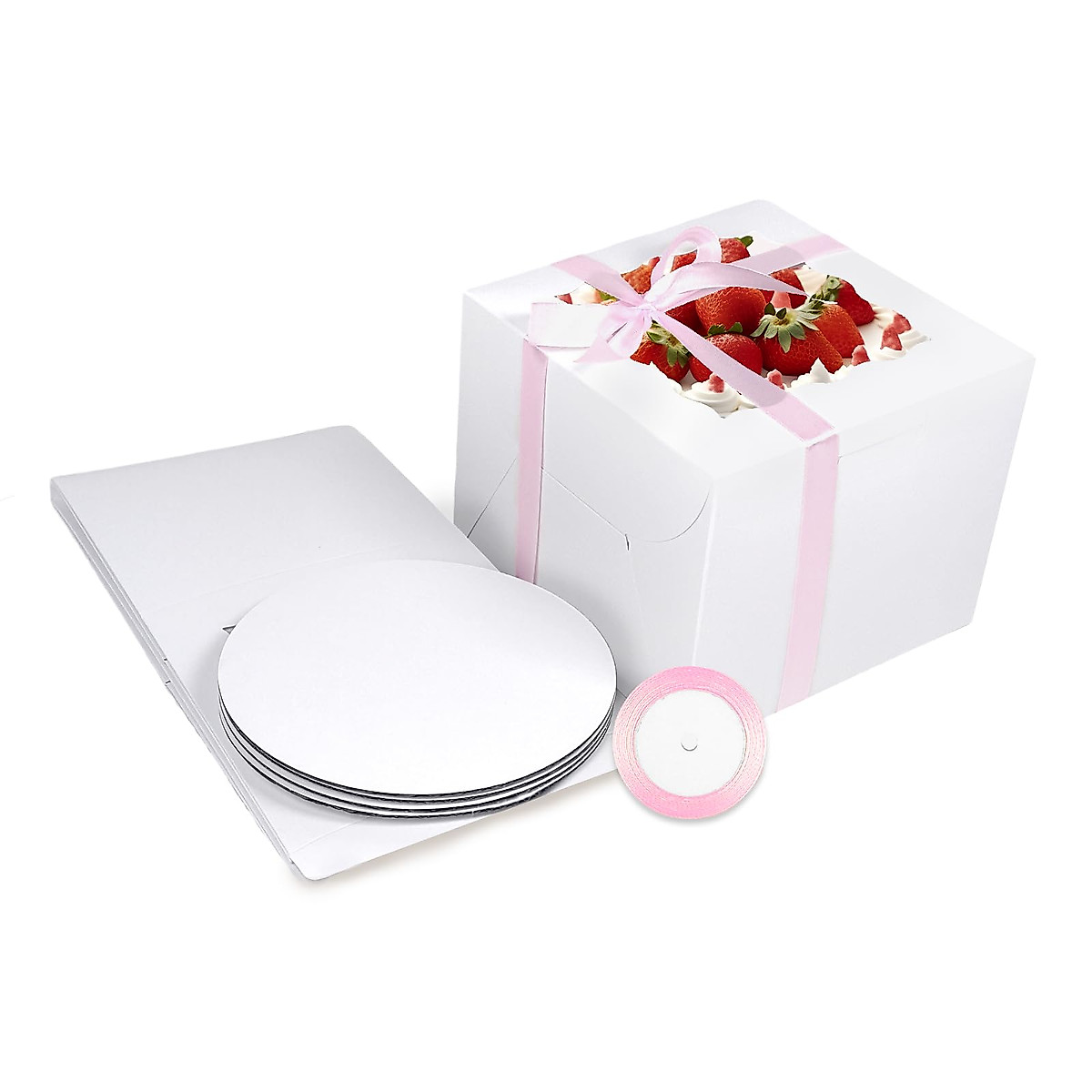 Bakepacker 36pcs 8x8x5 Inches Cake Boxes with Window 8 Inch Bakery Boxes 18-Packs White Cake Boxes (18 Cake boxes +18 Cake Boards+10 Meters Silk Ribbon Includes)