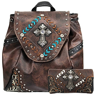Zelris Western Country Cross Chevron Design Square Rucksack Backpack with Matching Wallet Set (Brown Turquoise)