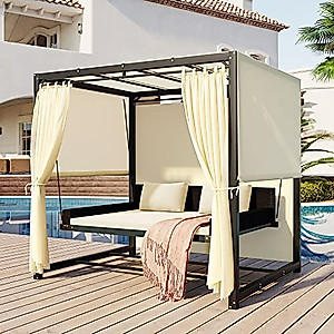 Campfun Patio Swing Bed, 3-Seat Outdoor Swing Bed, Daybed Swings for Outside Porch Bed, Patio Rattan Swing Bench with Steel Stand/Canopy/Curtain/Cushion and Pillow for Backyard Lawn Poolside, Beige