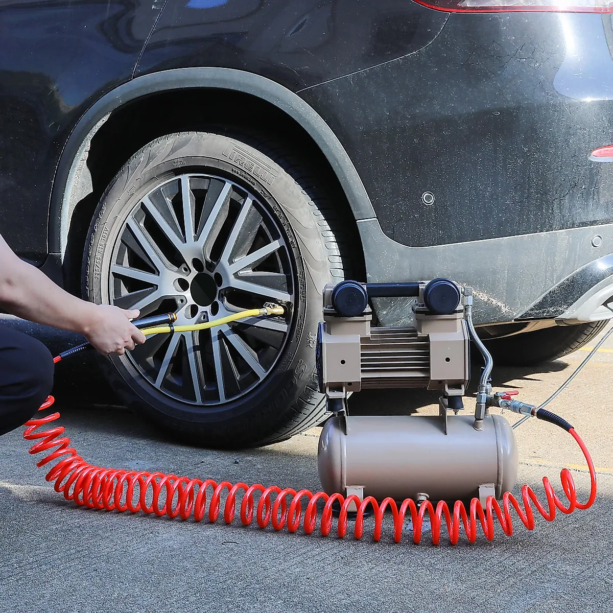 Hromee 1/4 in x 30 ft Polyurethane Recoil Air Compressor Hose with Bend Restrictors Compressor Hose with 1/4" Industrial Universal Quick Coupler and 4PCS I/M Plug Kit, Red