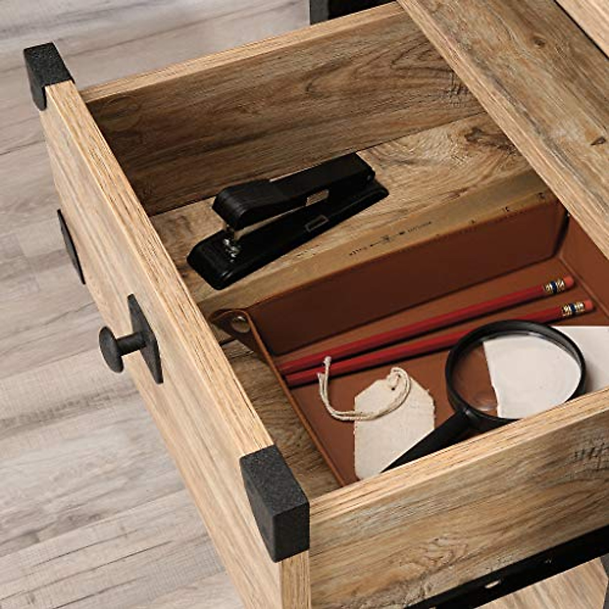 Sauder Steel River L-Shaped Desk, L: 59.84" x W: 57.32" x H: 29.53", Milled Mesquite Finish