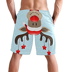visesunny Christmas Men's Beach Short Funny Reindeer with Hanging Stars Snow Blue Swim Trunks Sports Running Bathing Suits