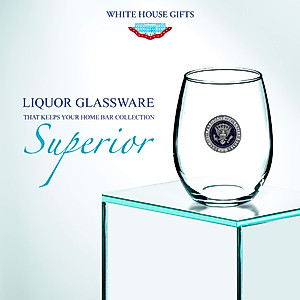 White House Gifts: Presidential Seal Glass Pewter Wine Tumbler (15 oz) Stemless Wine Glass with Fine Pewter Casting on Presidential Symbol - Perfect Souvenir or Home Bar Collectible - Made in the USA_AB