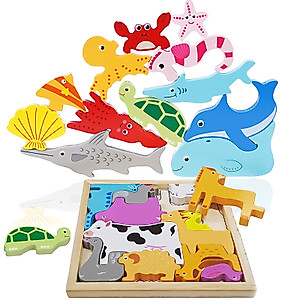 Luvios Toddler Toys Stacking Toys & Building Blocks & Farm Animals for Toddlers 1-3, Wooden Puzzles for Kids Ages 3-5 Wooden Montessori Toys Funny Gifts for 1 2 3 4 5 Year Old Boys Girls Toys