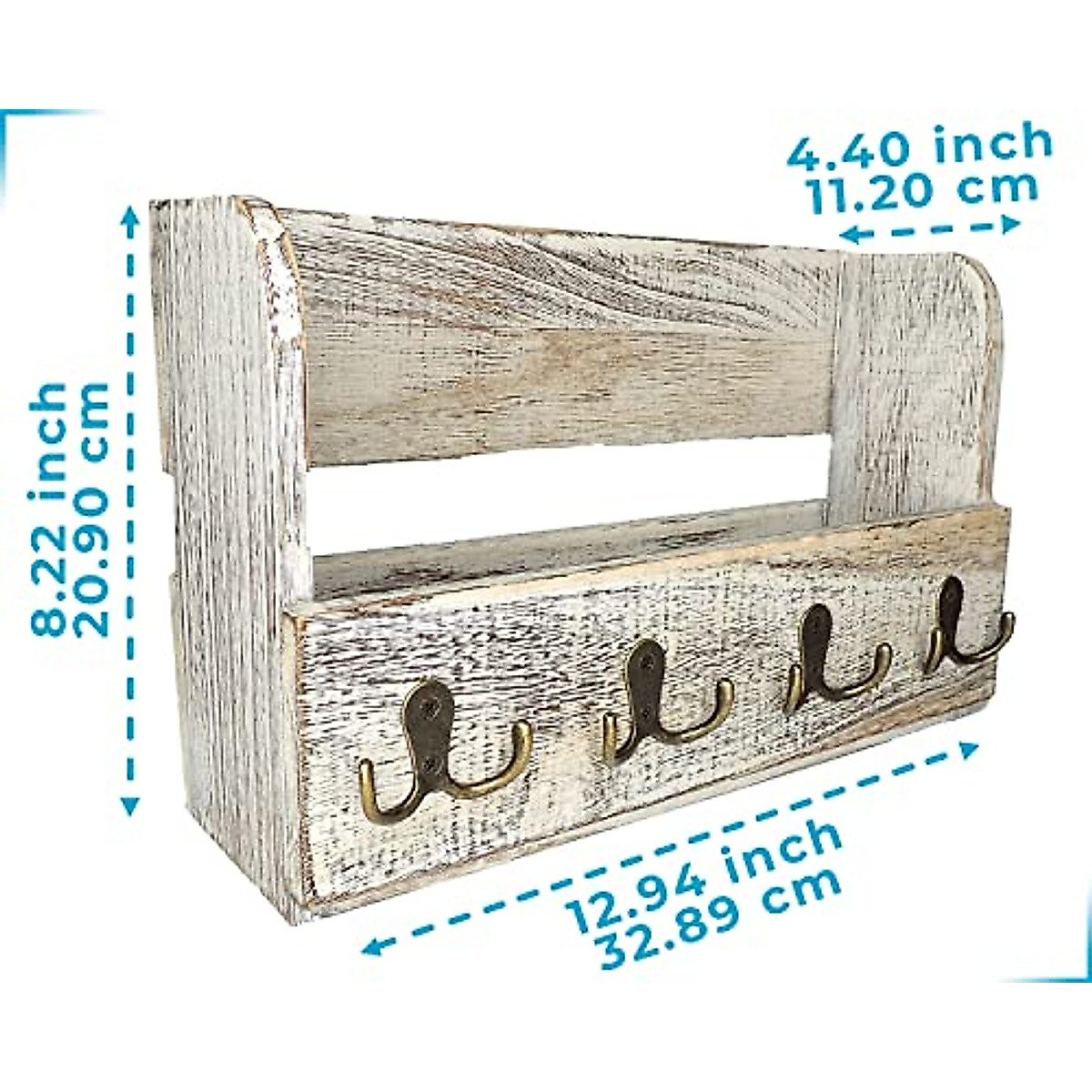 Comfify Wooden Wall Mount Mail Holder Organizer – Rustic Key Holder Organizer for Wall – Magazine Holder with 4 Double Key Hooks – Distressed White Rustic Wall Décor for Entryway