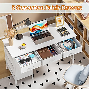Korfile White Desk with Storage Cabinet and 3 Fabric Drawers, 39 Inch Home Office Desk for Writing Study Gaming, Small Computer Table with Storage Space, Modern Vanity Desk for Bedroom
