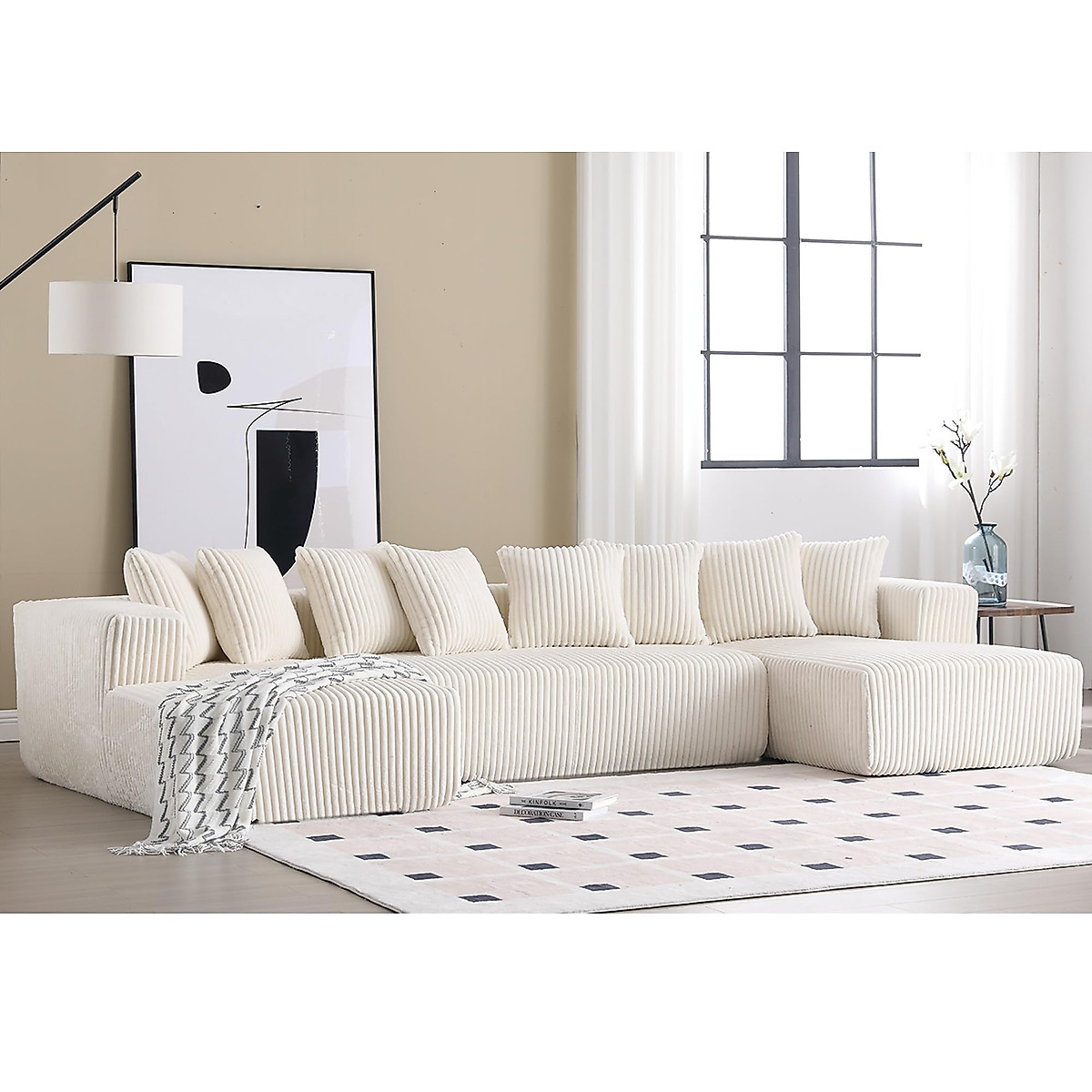 Plococo 131'' Modular Sectional Couch, U-Shaped Sofa, Chaise Lounge, Striped Corduroy Fabric,Upholstered 4 Seater Couch for Living Room, Bedroom, Free Combination Sofa (White)