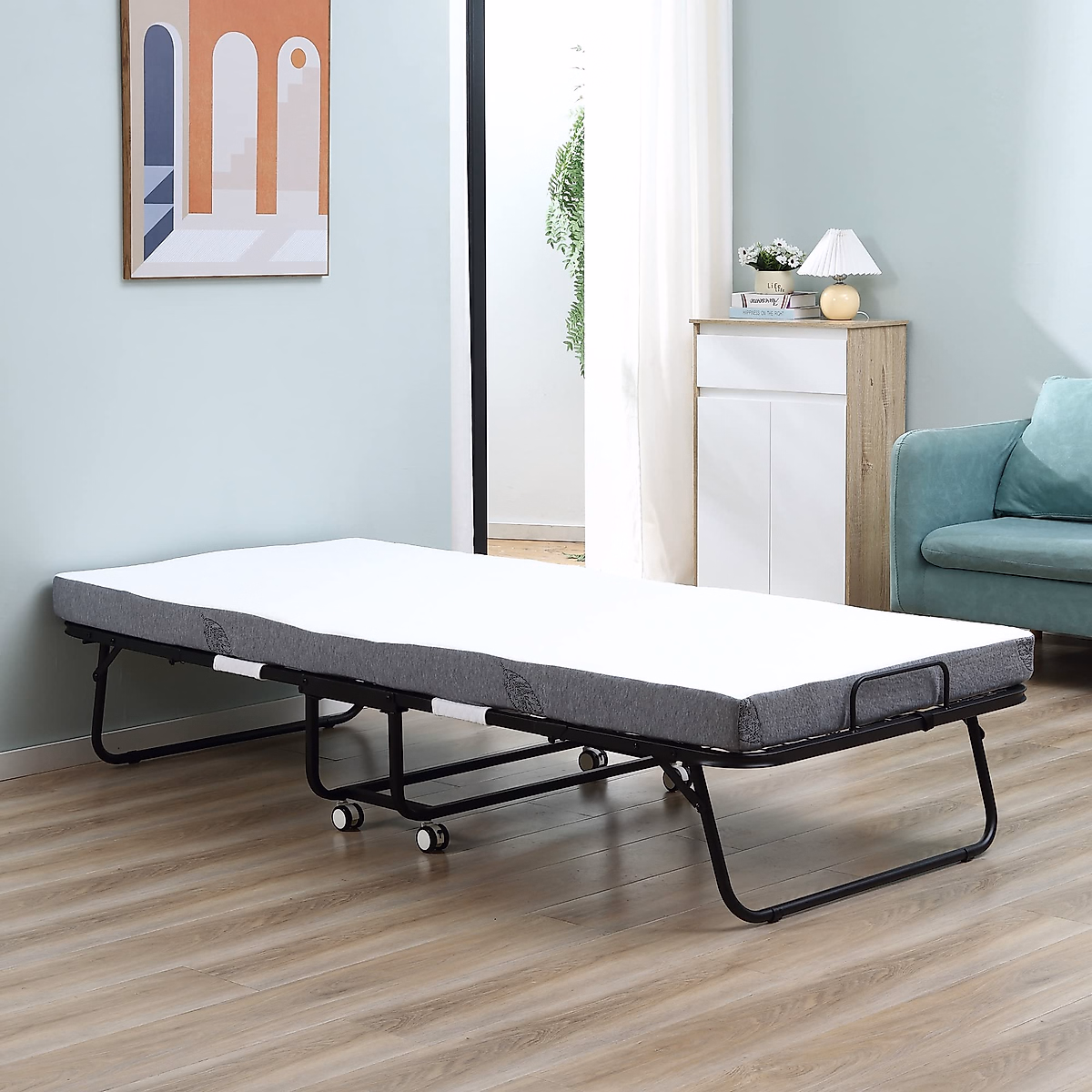 HOMCOM Rollaway Bed, Folding Bed with 4" Mattress, Portable Foldable Guest Bed with Sturdy Metal Frame and Wheels, 78.75"x35.5"x16.75", White