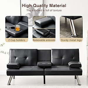 Modern Futon Sofa Bed with 2 Cupholders, PU Leather Convertible Upholstered Couch Bed Loveseat Sleeper, Folding Small Couches Love Seat, Reclining Sofa, Removable Armrests for for Small Spaces (Black)
