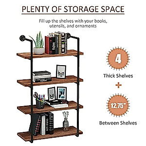 HOMCOM 4-Tier Industrial Pipe Shelves Floating Wall Mounted Bookshelf, Metal Frame Display Rack, 1.25" Thickness Shelving Unit for Farmhouse, Kitchen, Bar, Rustic Brown