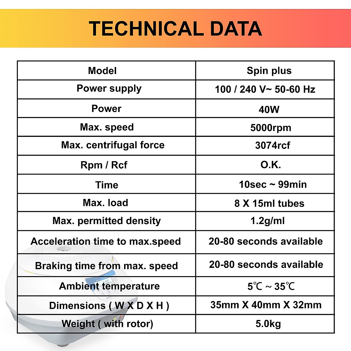 Jackson Global JS-TC-SPINPLUS-8 Digital Bench-top Centrifuge | 400-5000rpm (Max. 3074xg) | LCD Display | Includes 15ML X 8 Rotor