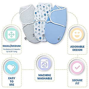 Delta Children Little Lambs Adjustable Swaddle Wrap - 100% Cotton - Size Small/Medium, Fits Babies 0-3 Months/7-14 lbs, 3-Pack, Boy, Blue