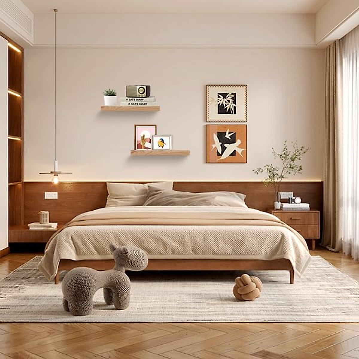 16.5in Floating Shelves, Natural Solid Wood Shelf Set of 2, Wall Shelves with Invisible Brackets, Rustic Wooden Wall Mounted Shelves for Bedroom/Living Room, Hold Up to 25lbs, Renter Friendly