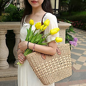 Women’s Straw Tote Bag Natural Woven Straw Beach Shoulder Bag Large Capacity Casual Handbags for Vocation