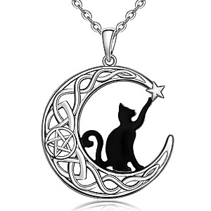 Fenthring Black Cat Necklace Sterling Silver Crescent Moon Celtic Knot Cat Necklaces for Women Cute Animal Infinity Pentacle Cats Halloween Christmas Holiday Jewelry