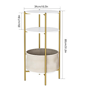 finetones Round End Table, 3-Tier Side Table Accent Table with Detachable Linen Basket and 2 Tier Storage Shelf, Modern Bedside Sofa Coffee Table for Living Room, Bedroom, White/Gold, 1