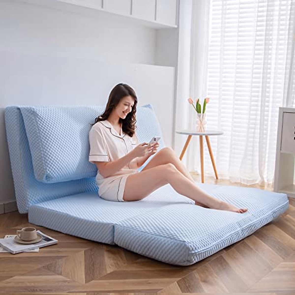 MAXYOYO Cooling Mattress, Single Floor Sofa Bed with Foam Filling, Foldable Faux Fur Cover, Blue, 30x95 Inch, Helps Hot Sleepers