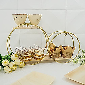 BalsaCircle Backdrop Stand Gold Natural 2 Tier Round Metal Wood Geometric Floating Shelf Party Wedding Reception Decorations Supplies, Natural and Gold, 18