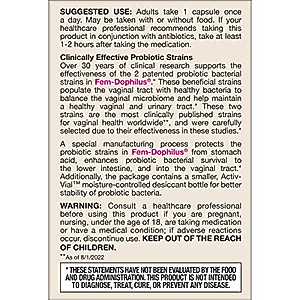 Jarrow Formulas Fem-Dophilus Probiotics 1 Billion CFU With 2 Clinically Effective Strains, Dietary Supplement for Vaginal Health and Urinary Tract Health, 30 Veggie Capsules, 30 Day Supply