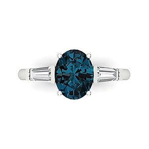 Clara Pucci 2.47ct Oval Baguette cut 3 stone Solitaire Natural London Blue Topaz gemstone designer Modern Statement Ring 14k White Gold