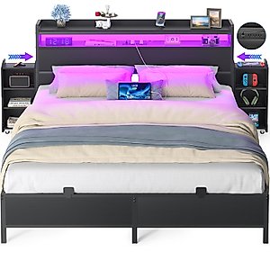 Unikito Queen Bed Frame with Bookcase Storage Headboard and LED Light, Queen Size Bed with Slide Bedside Cabinet and Charging Station, Heavy Duty Metal Slat, No Box Spring Needed, Noise Free, Black