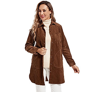 Minibee Women's Corduroy Shirt Coats Long Sleeve Button Down Blouses Tops with Pockets Coffee M