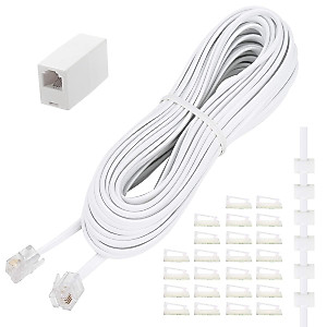 Uvital Phone Extension Cord 33 Ft, Telephone Cable with Standard RJ11 Plug and 1 in-Line Couplers and 20 Cable Clip Holders, White
